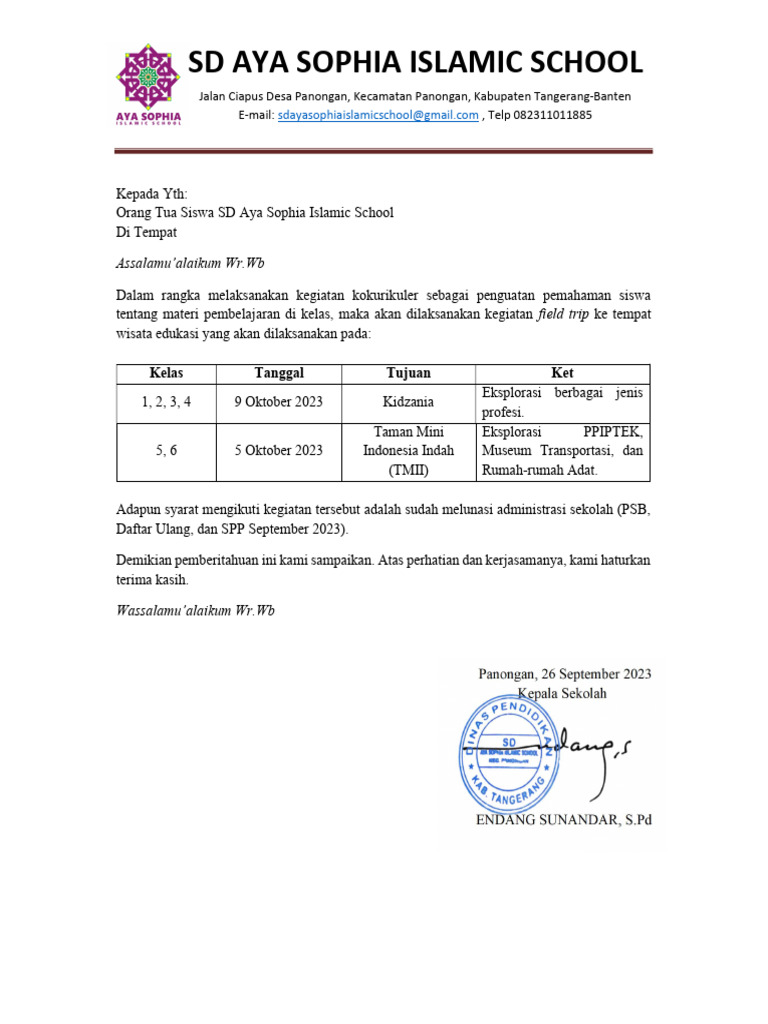 Surat Pemberitahuan Field Trip SD | PDF