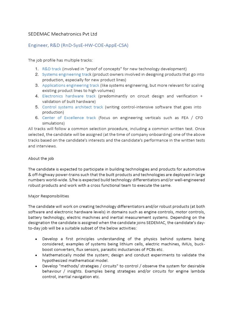 SEDEMAC Mechatronics Job Opportunities | PDF