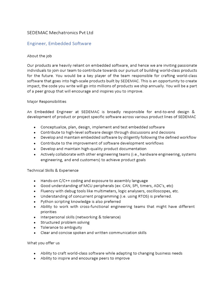 SEDEMAC - JD - Engineer, Software | PDF