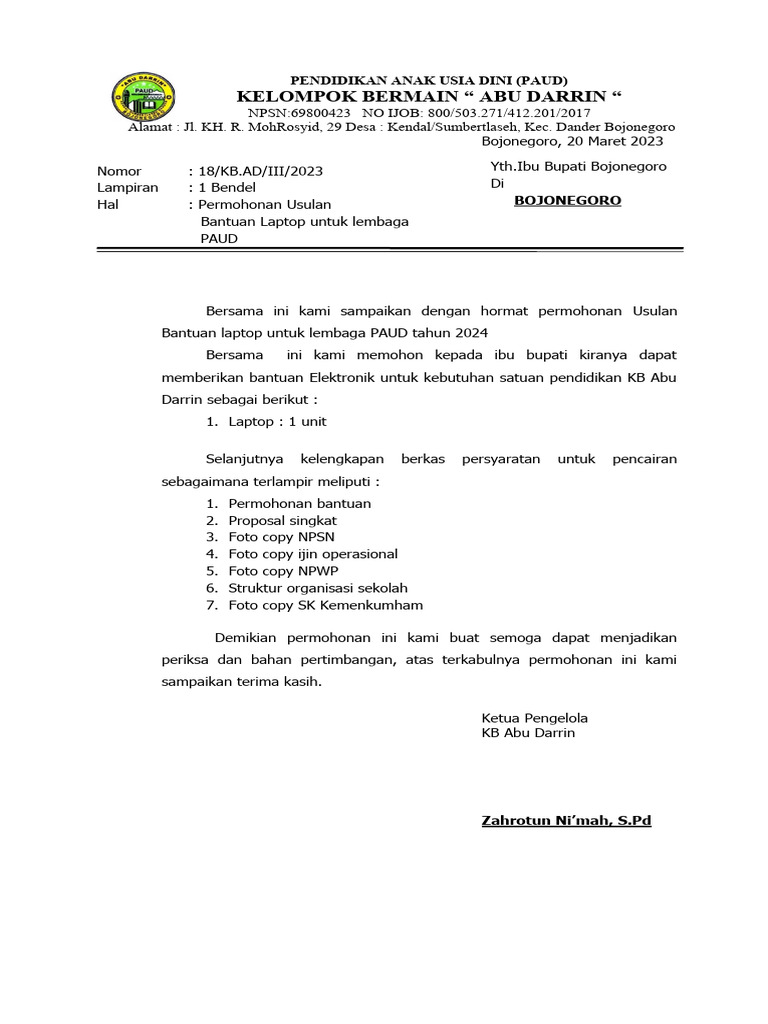 Contoh Proposal Permohonan Laptop 2024 | PDF
