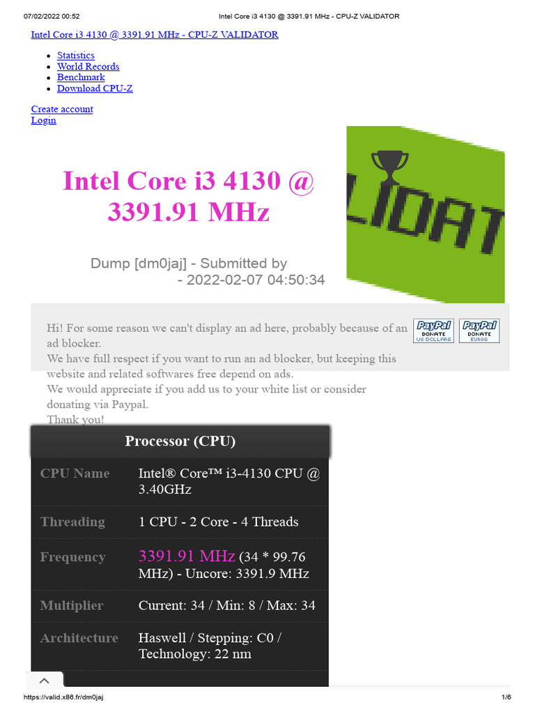 Intel Core I3 4130 at 3391.91 MHZ - CPU-Z VALIDATOR | PDF | Computer ...