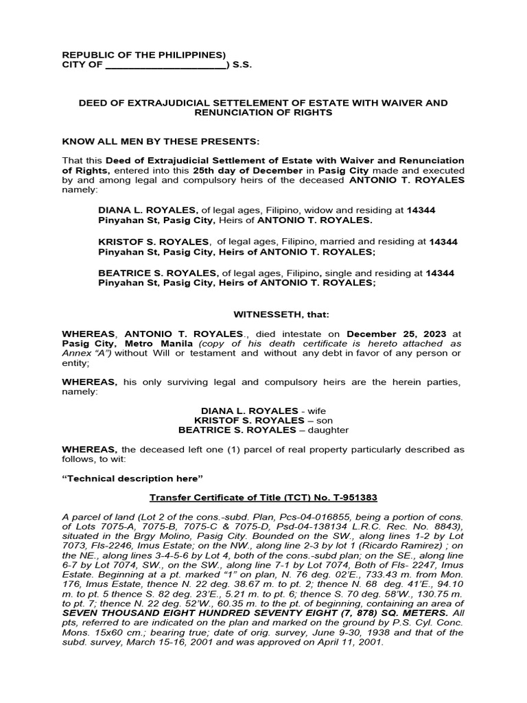 Extrajudicial Settelement of Real Estate With Waiver and Renunciation of Rights | PDF