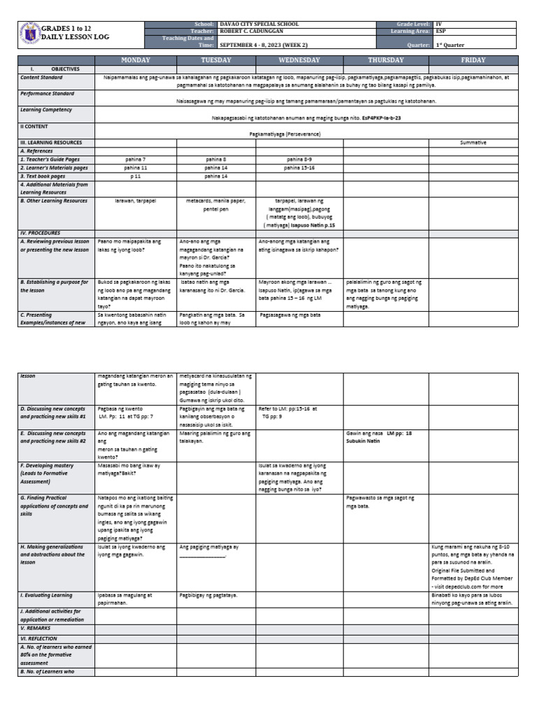 DLL - Esp 4 - Q1 - W2 | PDF
