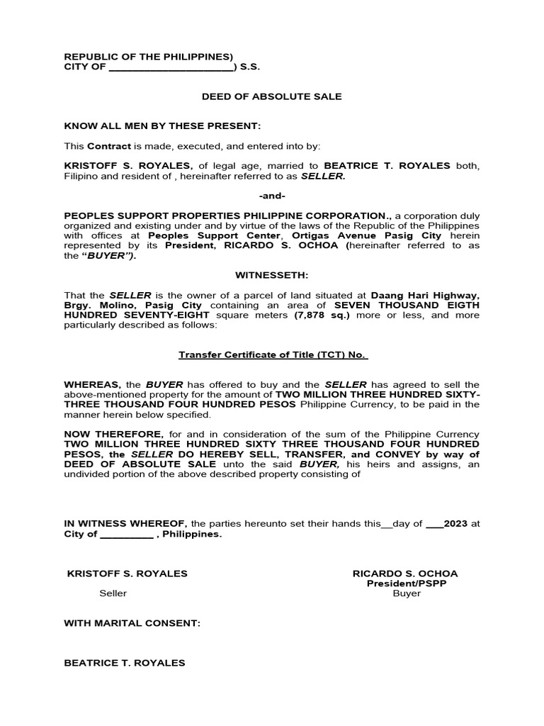 Deed of Absolute Sale by Kristoff Royales | PDF | Law