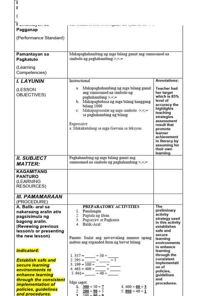 COT - Grade 2 - Paghahambing NG Mga Bilang - Math | PDF