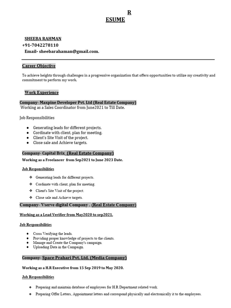 Sheeba Rahman's Professional Resume | PDF | Career & Growth
