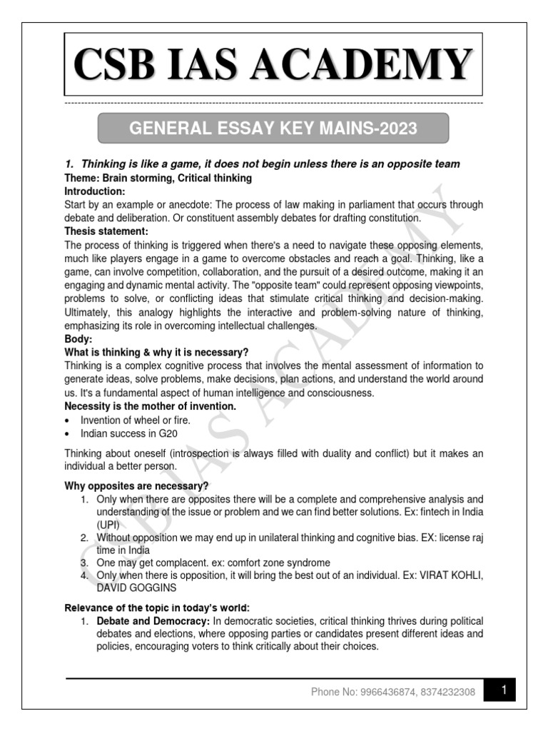 Upsc Mains General Essay Synopsis 2023 | PDF