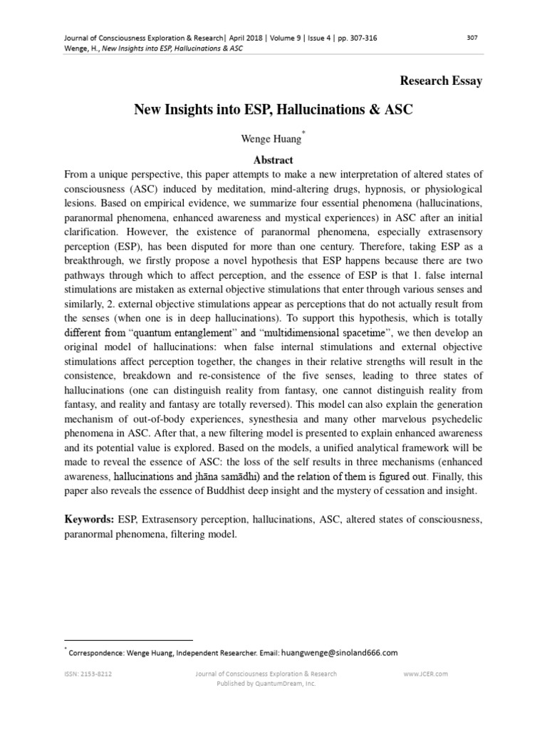 New Insights Into Esp, Hallucinations and ASC, Vol.9 - Wenge Huang (PRT 307-316 ...
