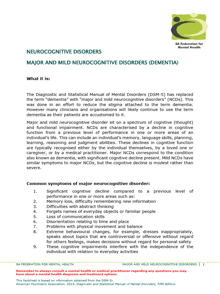 Neurocognitive Disorders Major and Mild Neurocognitive Disorders | PDF ...