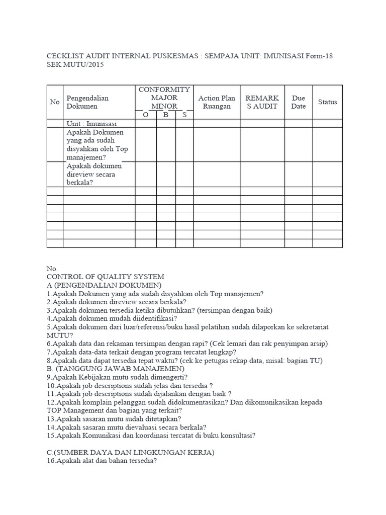 15 Cheklist Audit Internal Akreditasi Di Puskesmas | PDF