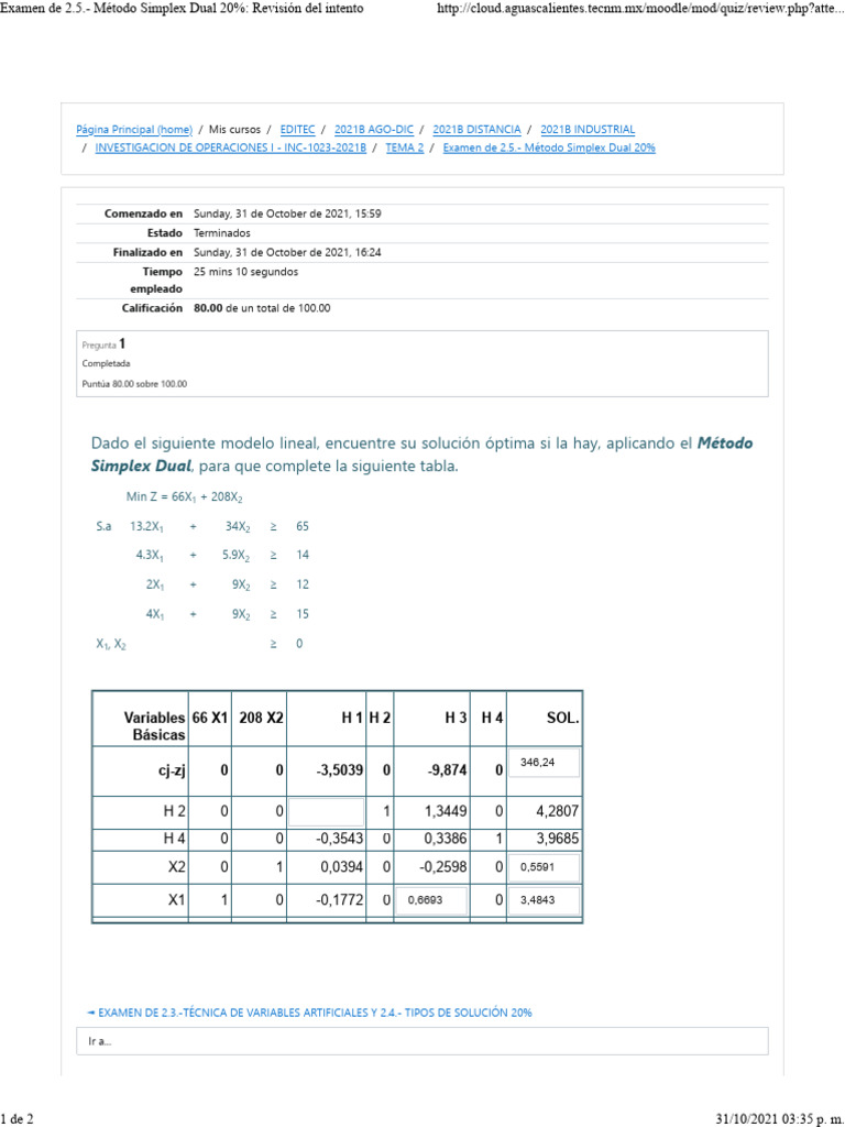 Examen Método Simplex Dual 2021B | PDF
