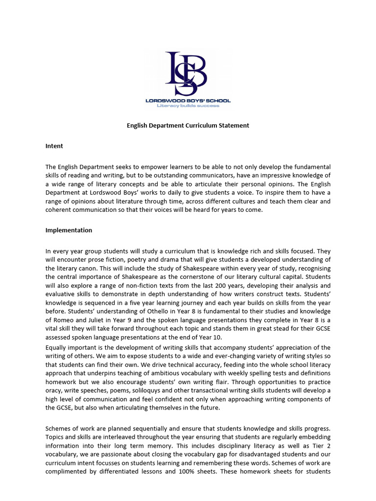 English Curriculum Statement - October 21 | PDF | Curriculum | Learning