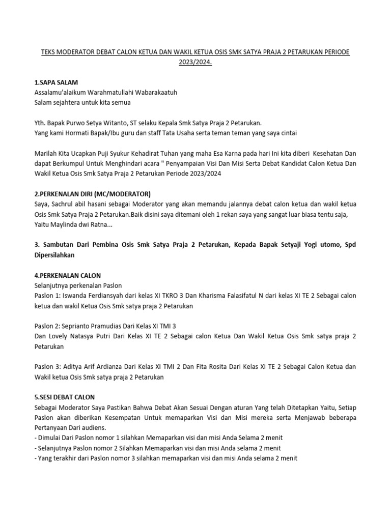 Teks Moderator Debat Calon Ketua Dan Wakil Ketua Osis SMK Satya Praja 2 ...
