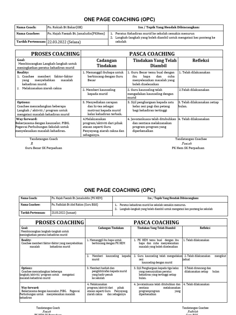One Page Coaching SK Perpaduan | PDF
