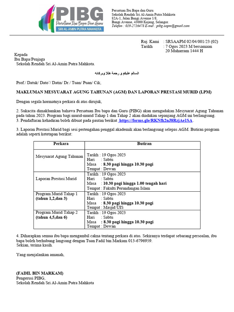 Surat AGM PIBG 2023 | PDF