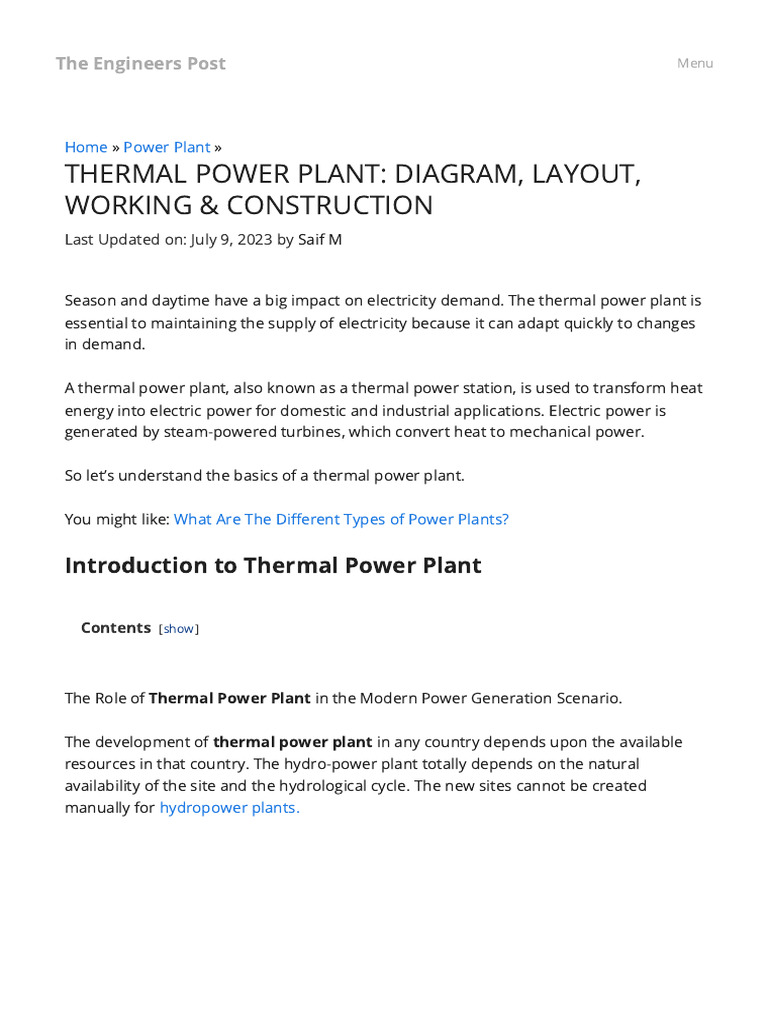 Thermal Power Plant - Diagram, Layout, Working & Construction | PDF ...