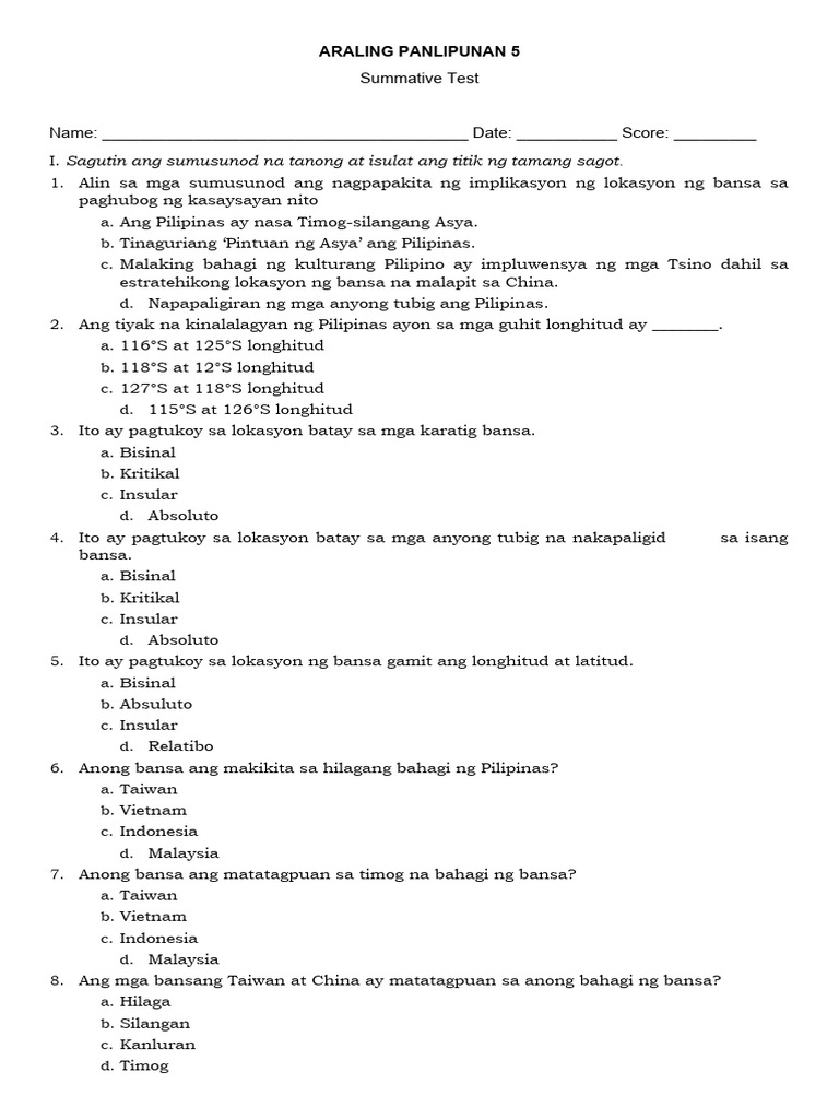 V1 SUMMATIVE TEST - ARALING PANLIPUNAN 5 - Quarter 1 | PDF