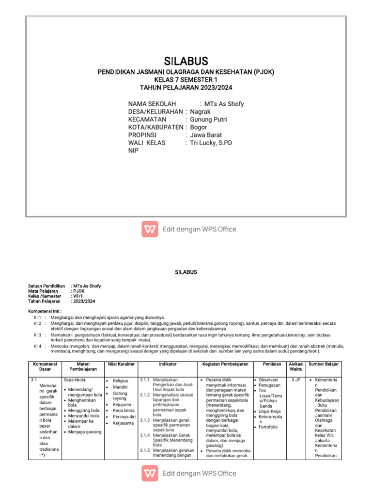Silabus PJOK Kelas 7 Semester 1 | PDF