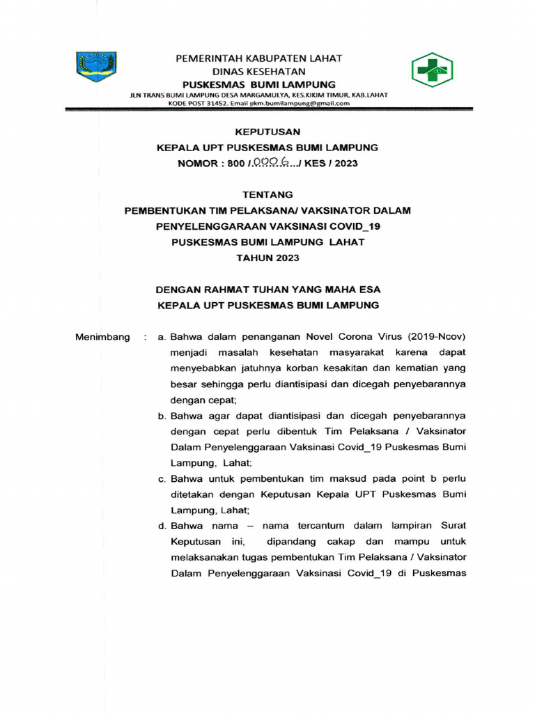 SK Tim Vaksinator Bumi Lampung THN 2023 | PDF