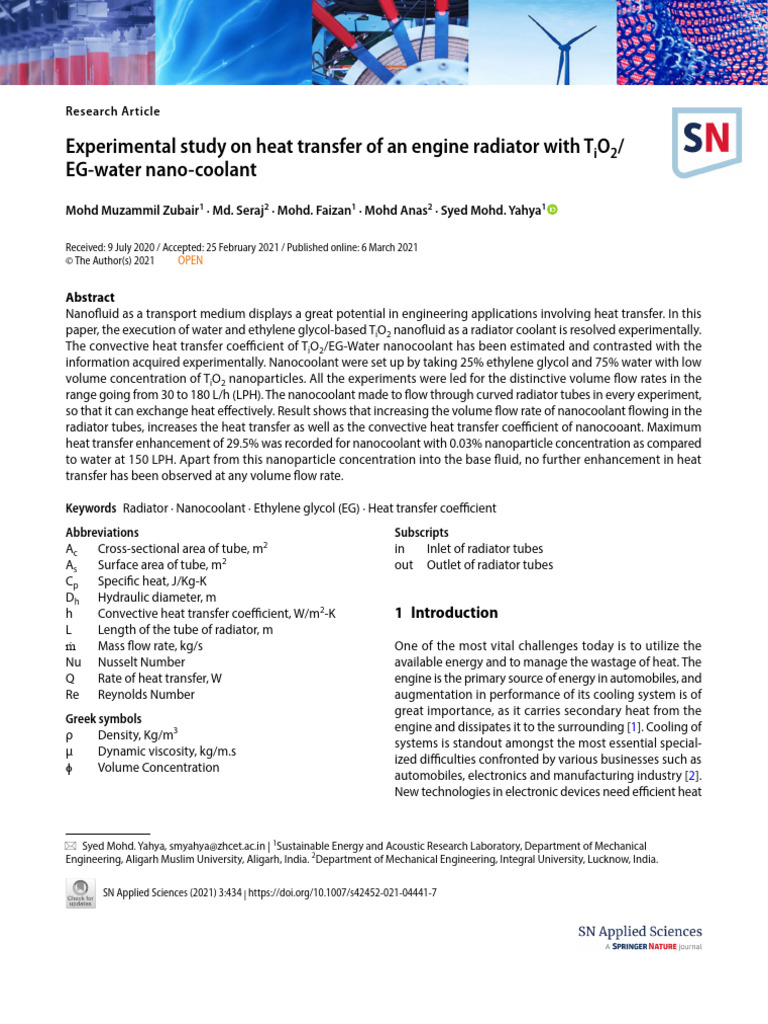 Experimental Study On Heat Transfer of An Engine Radiator With T O / EG ...