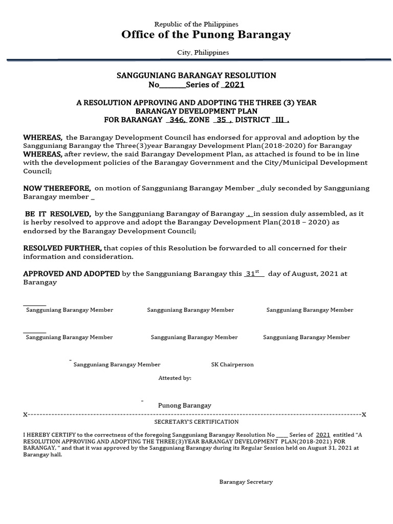 Barangay 346 Development Plan Resolution | PDF | Government