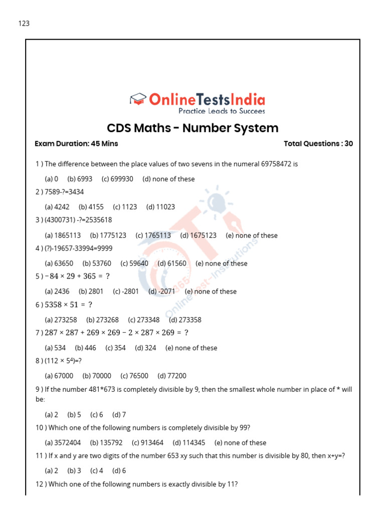 UPSC CDS Maths - Number System Important Questions - UPSC Exams ...