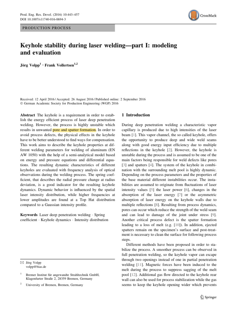 Keyhole Stability During Laser Welding Part 1 | PDF | Pressure | Amplitude