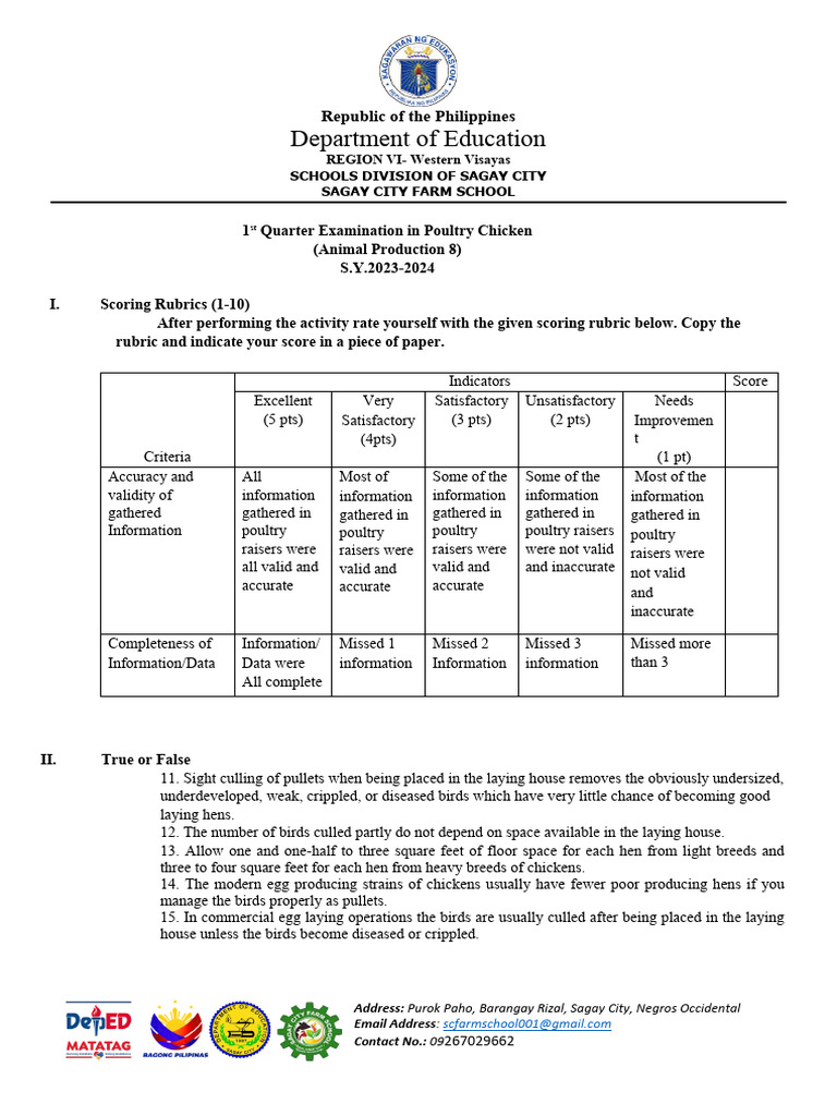 Poultry Chicken Exam: 1st Quarter S.Y. 2023-2024 | PDF