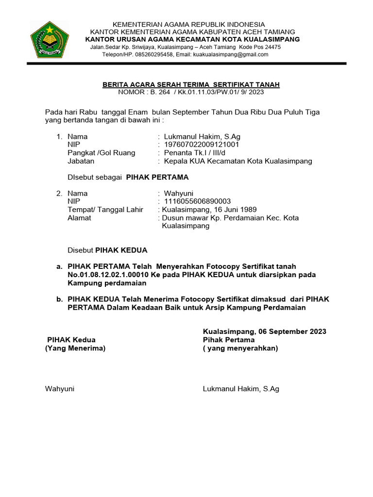 Berita Acara Serah Terima Sertifikat Wakaf | PDF