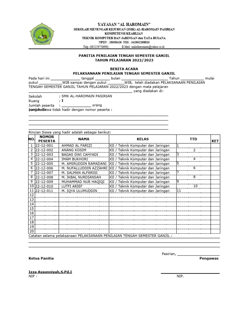 Berita Acara, Daftar Hadir PTS Ganjil 2022-2023 | PDF