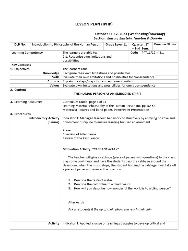 LESSON PLAN IN PHILO - Transcendence | PDF