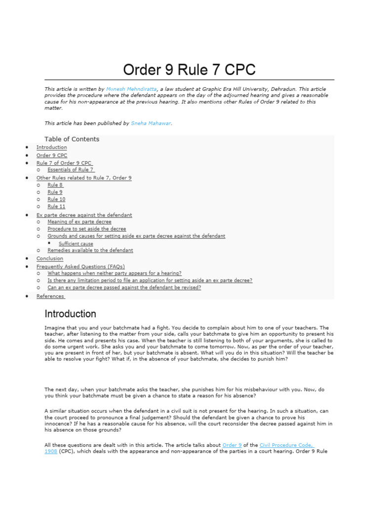 Order 9 Rule 7 CPC Text | PDF | Lawsuit | Ex Parte