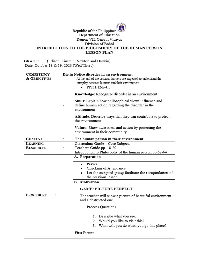 Lesson Plan - Human Person and The Environment | PDF | Environmental ...