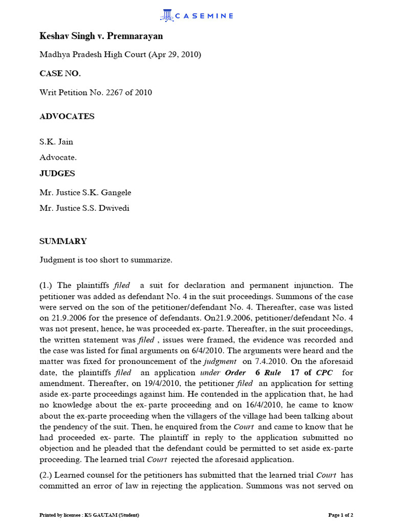 CASEMINE - Keshav Singh v. Premnarayan | PDF | Lawsuit | Ex Parte