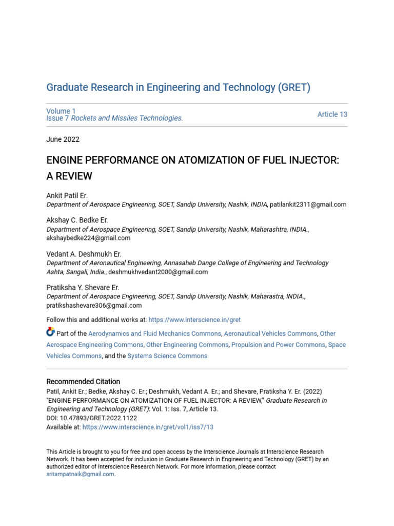 Engine Performance On Atomization of Fuel Injector - A Review | PDF