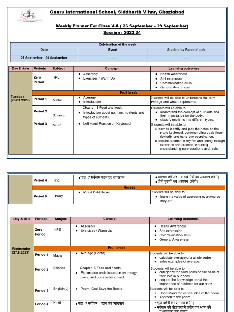 Class 5 A Weekly Planner 25september - 29september | PDF | Knowledge ...