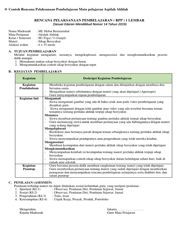 Contoh RPP Akidah Akhlak | PDF