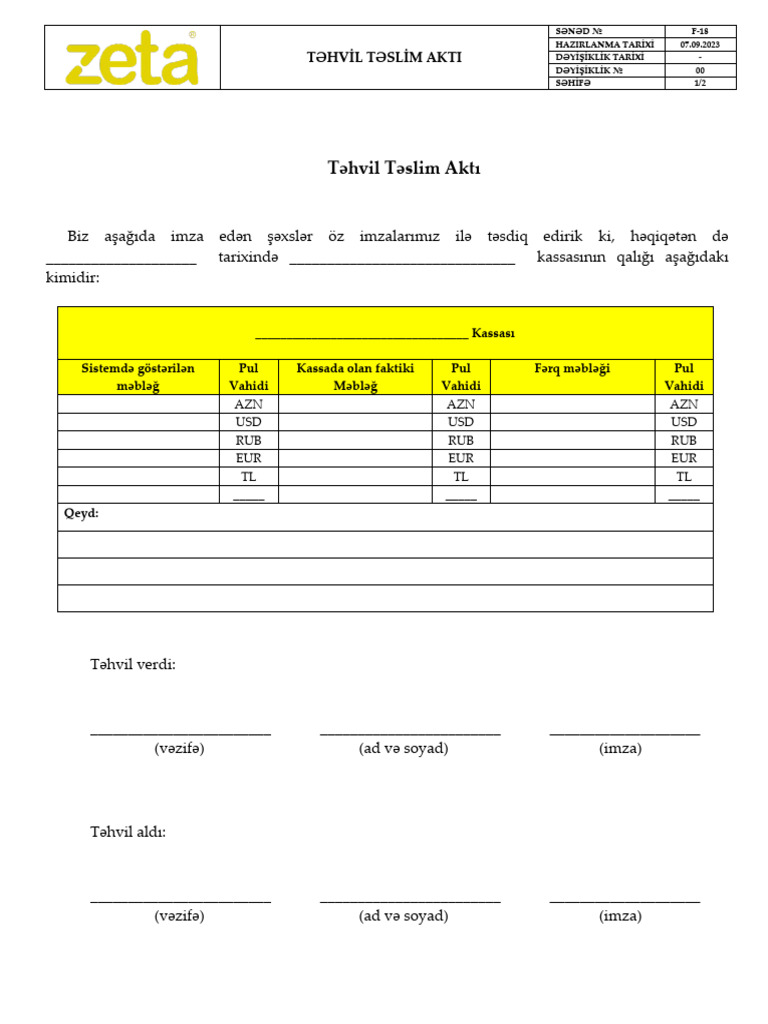 Akt kassa təhvil-təslimi | PDF