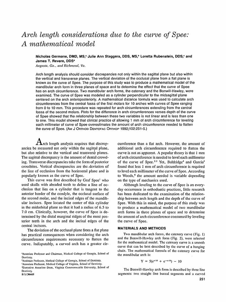 Arch Length Considerations Due To The Curve of Spee - A Mathematical ...