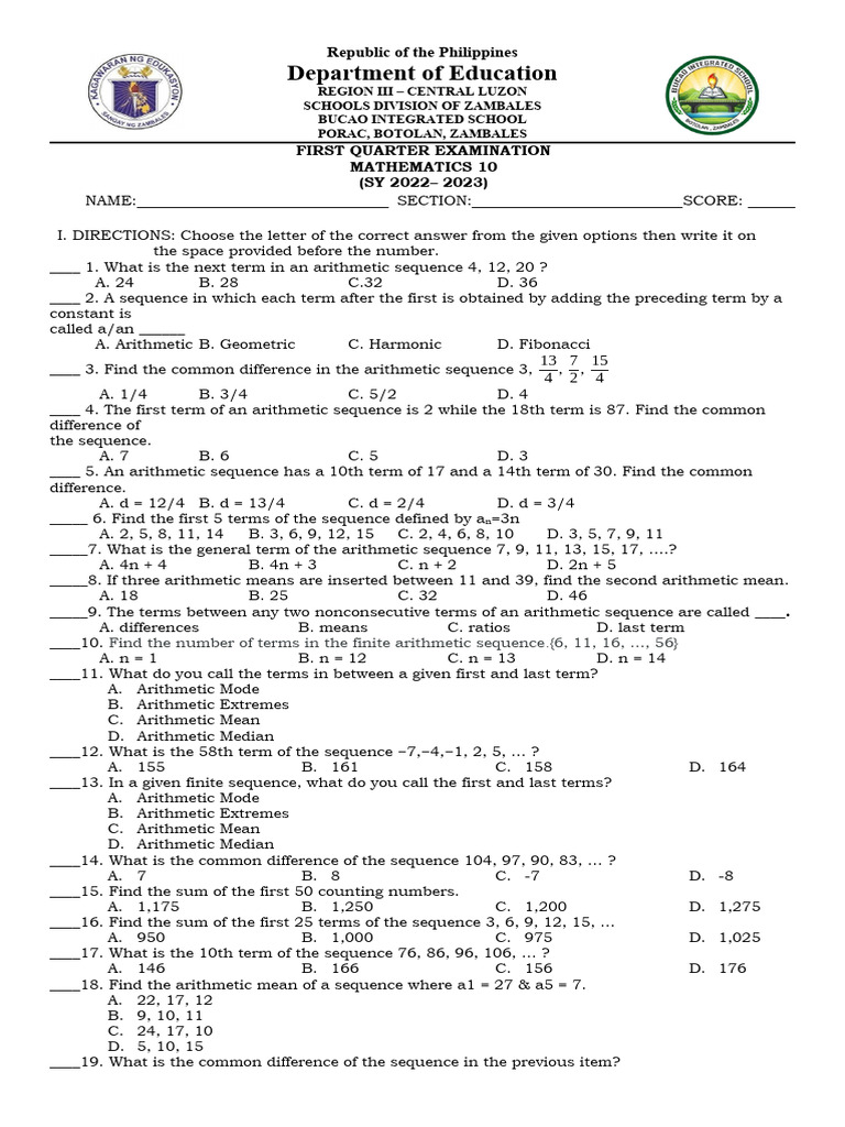 1ST Quarter Exam | PDF | Mean | Mathematics