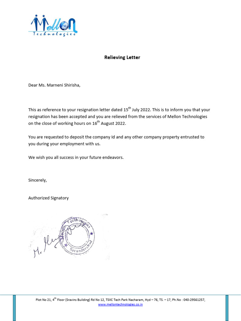 Relieving Letter - Shirisha | PDF