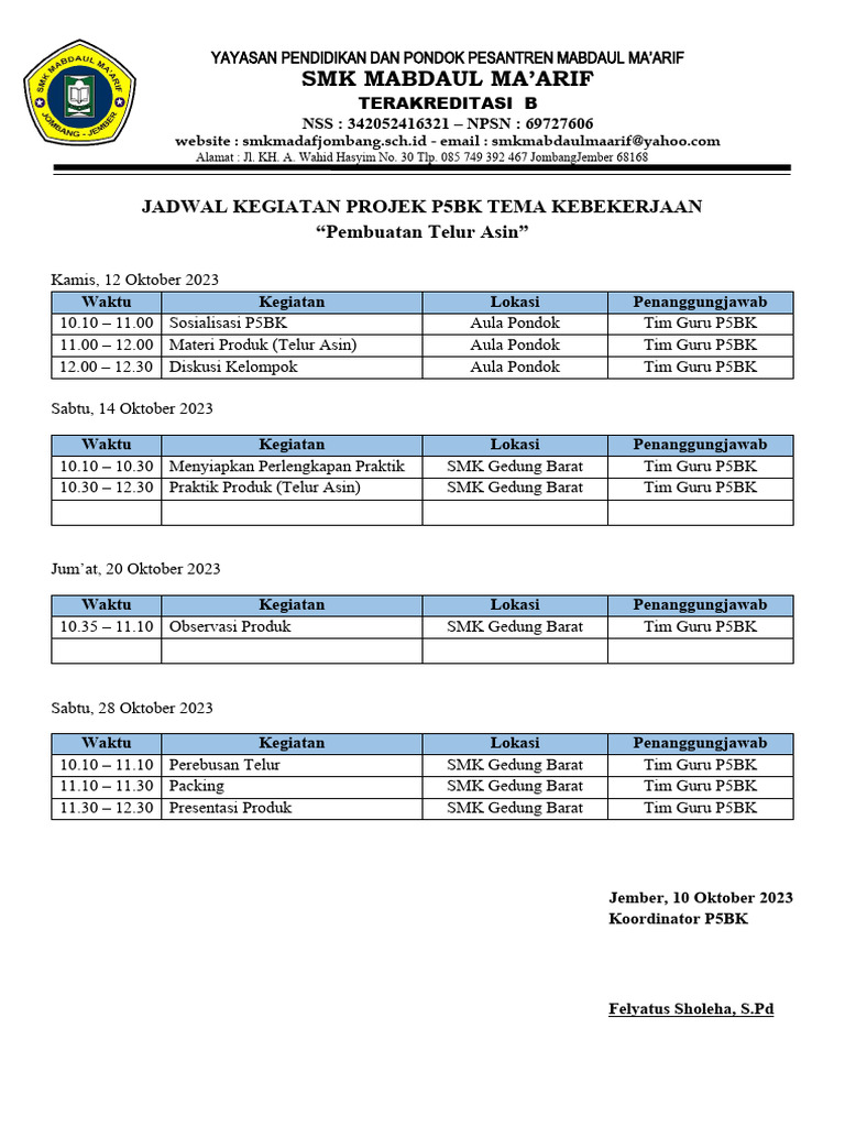 Jadwal P5BK Kebekerjaan | PDF