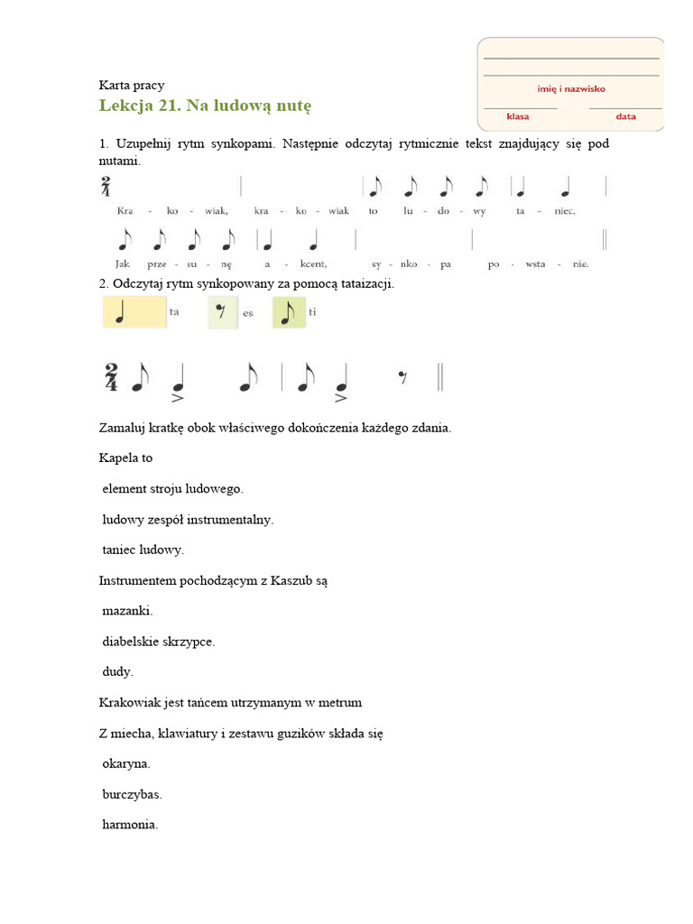 Karta Pracy - Na Ludowa Nute | PDF Karta Pracy - Na Ludowa Nute | PDF