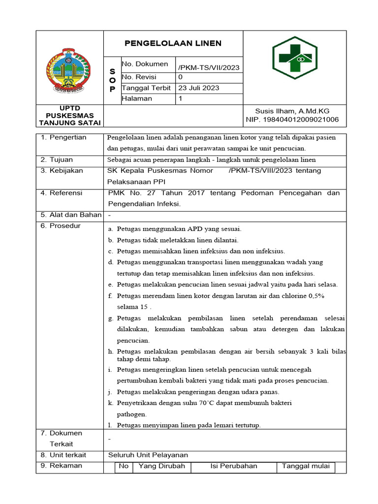 Sop Pengelolaan Linen | PDF