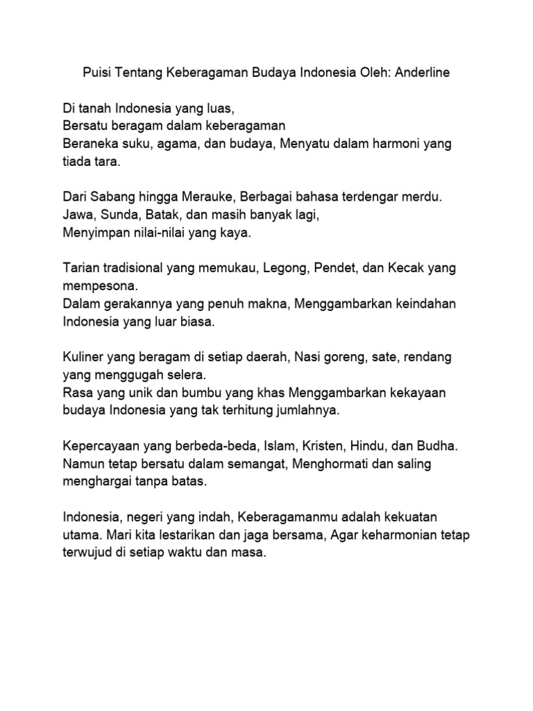 Puisi Tentang Keberagaman Budaya Indonesia Oleh - Anderline | PDF