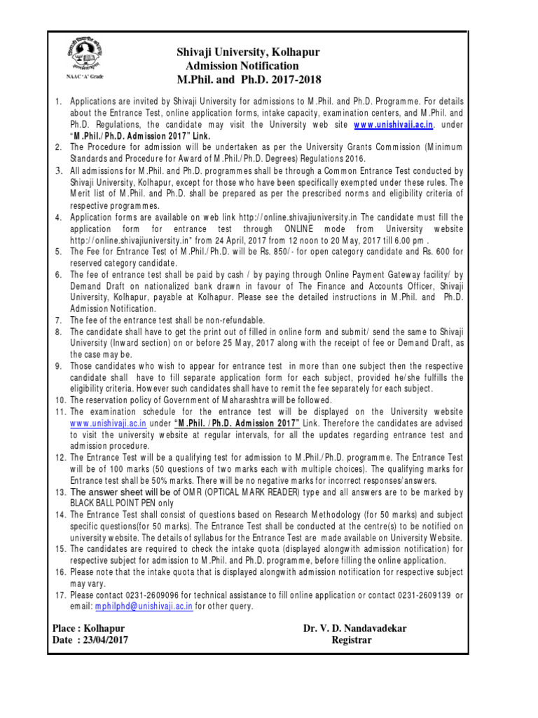 M.Phil. and PH.D Notification 2017-2018 | Download Free PDF | Doctor Of Philosophy | University ...