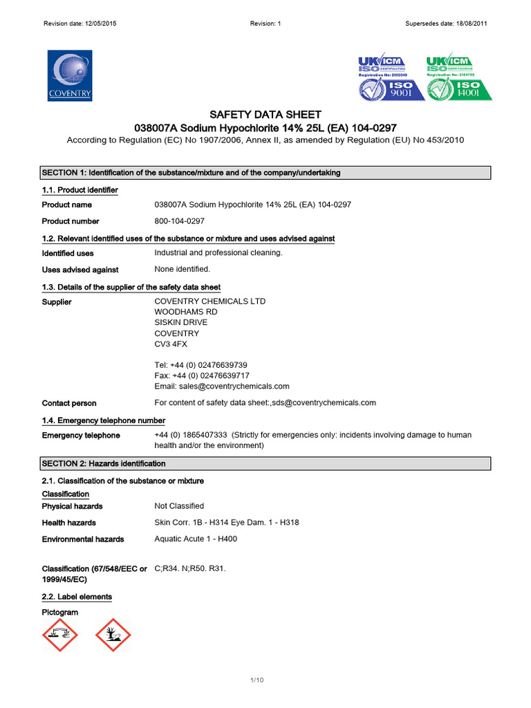 SDS - Sodium Hypochlorite | PDF