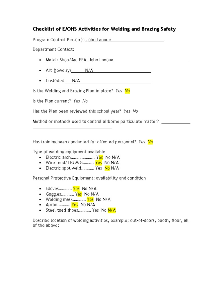 Welding and Brazing Safety Checklist | PDF