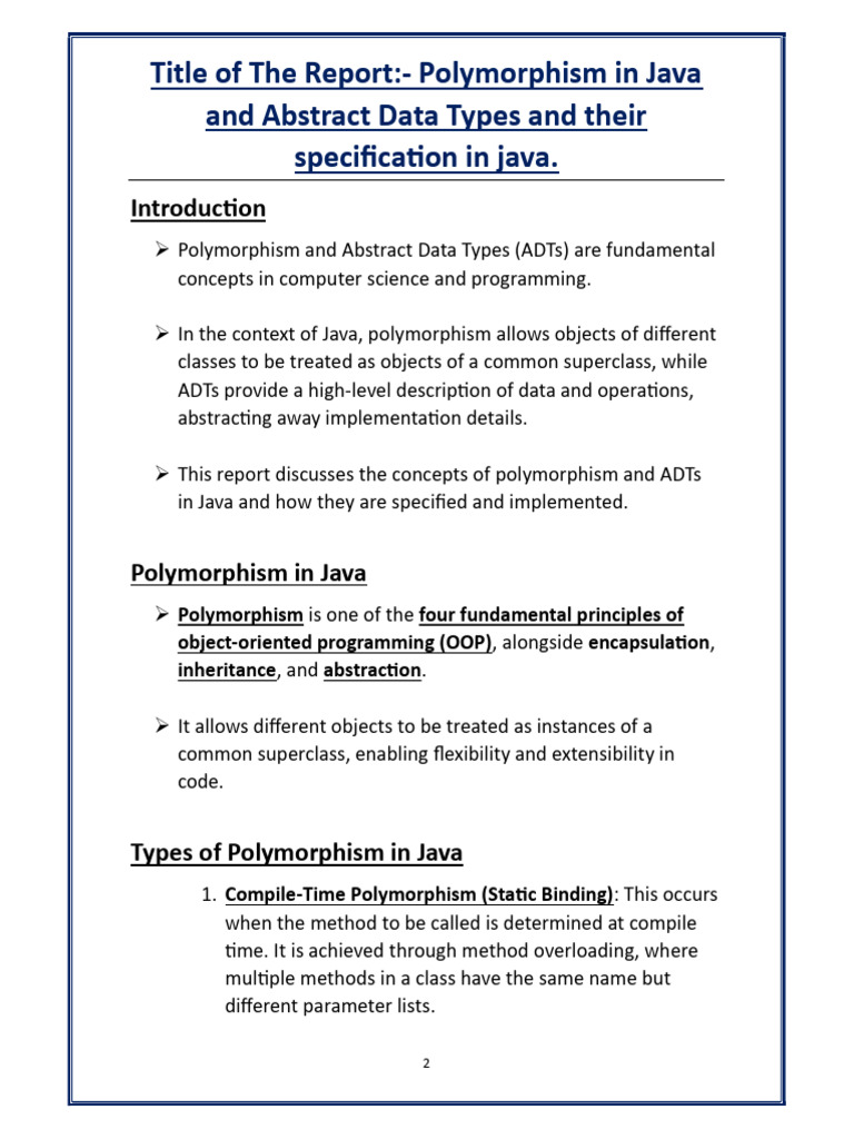 Polymorphism In Java And Abstract Data Types And Their Specification In Java Pdf Method