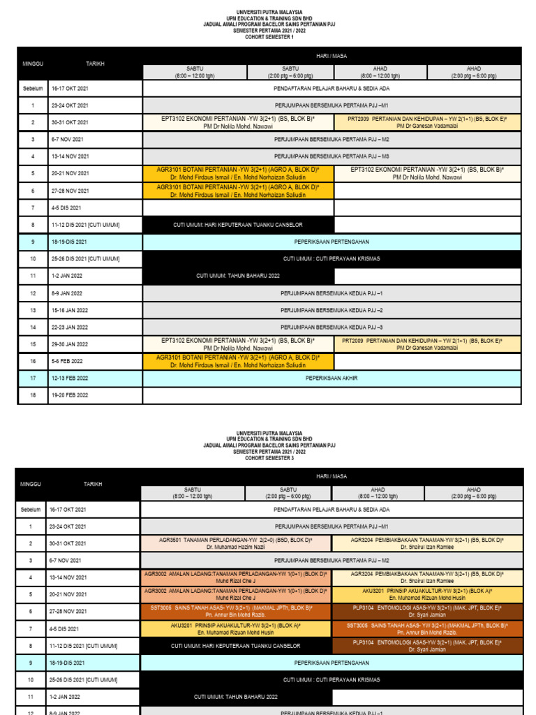Jadual Waktu Kuliah BSP-PJJ Sem 1 20211015 Version 1 | PDF